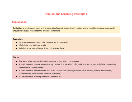 Semicolons Explanation & Activity 1 | Teaching Resources