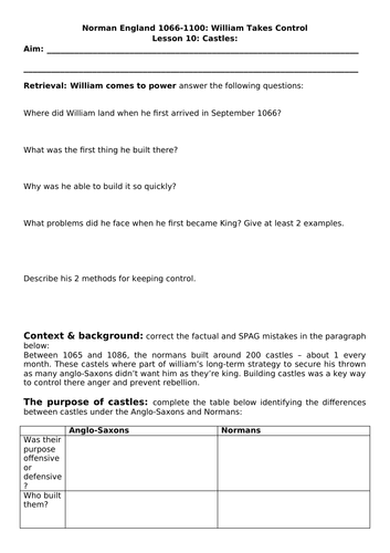 AQA NORMAN ENGLAND 1066 - 1100: Lesson 10: William builds castles | Teaching Resources