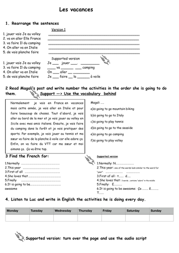 Les vacances - Holidays and near future | Teaching Resources