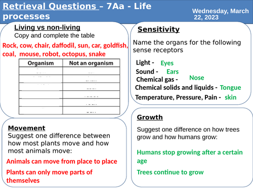 Retrieval Questions – 7A - Life processes - Complete set | Teaching ...
