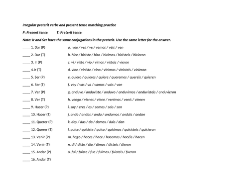 Irregular preterit verbs and present tense matching practice | Teaching ...