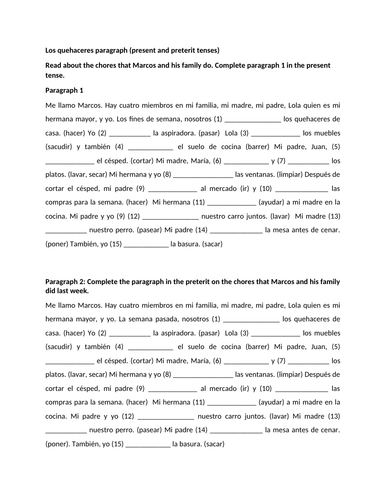 Los quehaceres paragraph (present and preterit tenses) | Teaching Resources