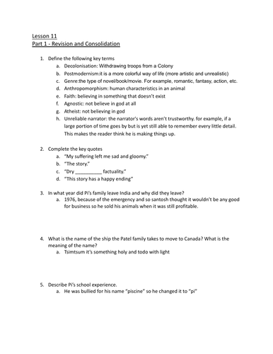 Life of Pi - full SOL (33 lessons) | Teaching Resources