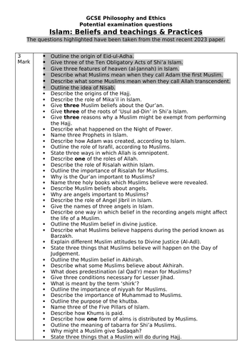 *UPDATED* OCR Religious Studies GCSE example questions Islam Beliefs ...