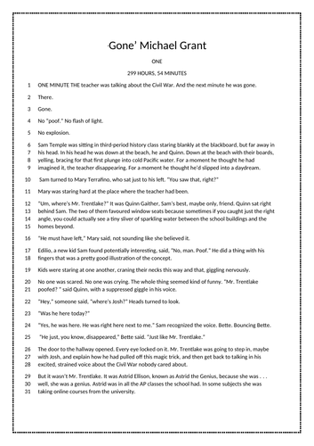 AQA paper 1 and comprehension questions. 'Gone' by Michael Grant ...