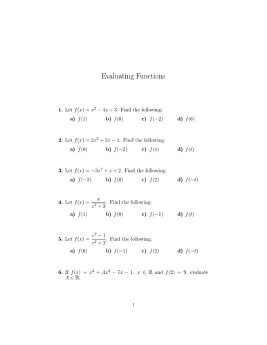 Evaluating Functions at a Point Worksheet (with solutions) | Teaching ...