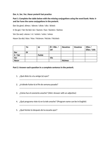 Dar, Ir, Ser, Ver, Hacer preterit fast practice | Teaching Resources