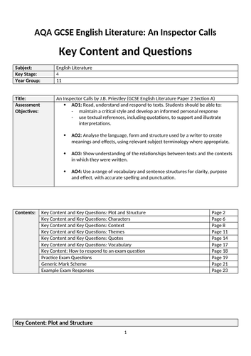 AQA GCSE English Literature: An Inspector Calls - Key Content for ...