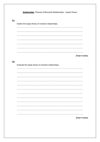 A-Level Psychology - EQUITY THEORY (THEORIES OF ROMANTIC RELATIONSHIPS ...