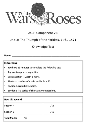 AQA Wars of the Roses Knowledge Tests (Units 1-5) | Teaching Resources