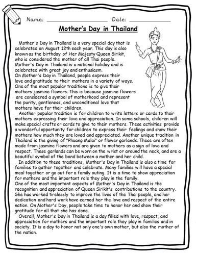 Mother's Day around the world Reading Comprehensions - 9 countries ...