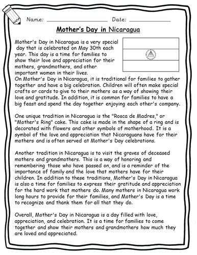 Mother's Day around the world Reading Comprehensions - 9 countries ...