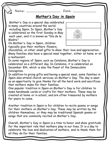 Mother's Day around the world Reading Comprehensions - 9 countries ...