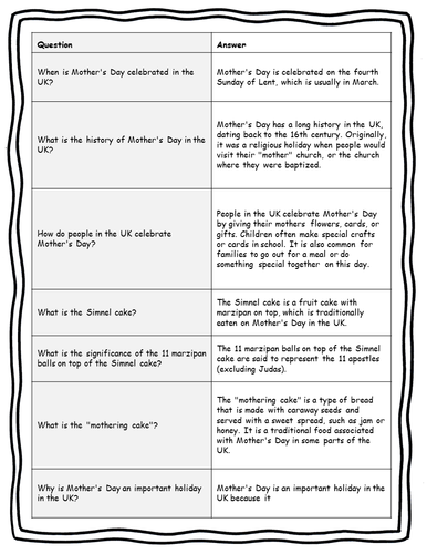 Mother's Day around the world Reading Comprehensions - 9 countries ...