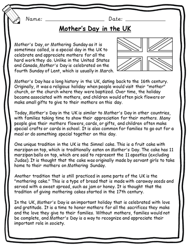 Mother's Day around the world Reading Comprehensions - 9 countries ...
