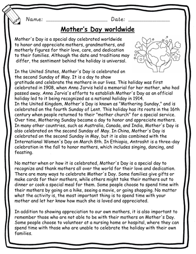 Mother's Day around the world Reading Comprehensions - 9 countries ...