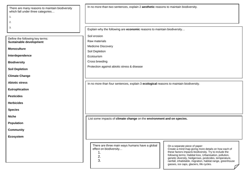 OCR A level Biology Biodiversity Revision worksheet | Teaching Resources