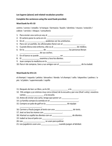 Los lugares and related vocabulary practice | Teaching Resources