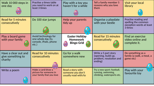 Easter Holiday Homework Bingo Grid EDITABLE | Teaching Resources