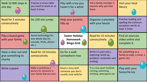 Easter Holiday Homework Bingo Grid NON EDITABLE | Teaching Resources