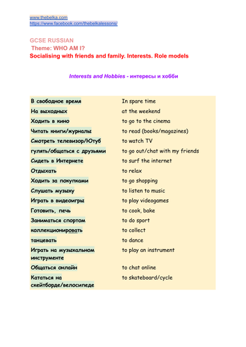 Russian GCSE: Socialising with friends and family. Interests. Role ...