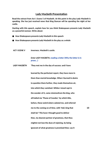 Lady Macbeth Essay -How is She Presented? Act 1 Scene 5 | Teaching ...