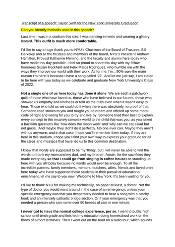 Taylor Swift NYU Speech | Teaching Resources