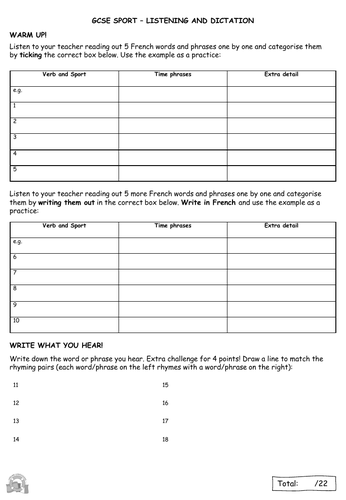 GCSE French Sports Listening & Dictation Worksheets | Teaching Resources