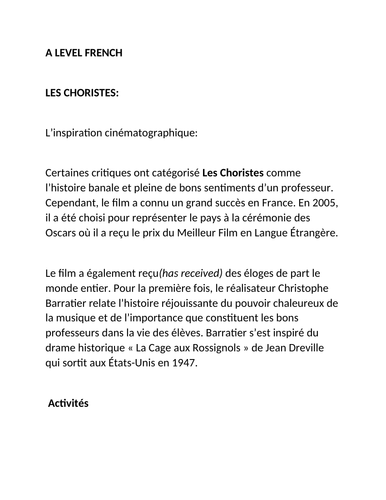 Les Choristes - A LEVEL FRENCH - writing a critical response revision ...
