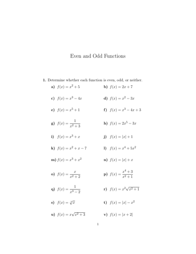 Even and Odd Functions Worksheet (with solutions) | Teaching Resources Even and Odd Functions Worksheet (with solutions) | Teaching Resources