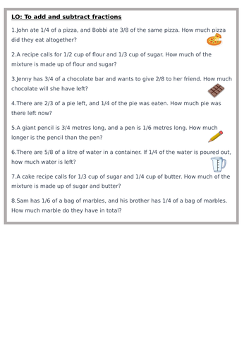Year 4, 5, 6 - Fraction Addition & Subtraction Word Problems | Teaching ...
