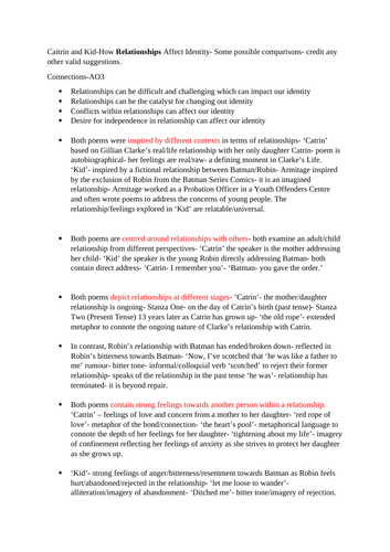 Comparing the theme of relationships in the poems 'Catrin' and 'Kid ...