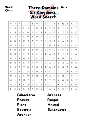 Six Kingdoms And Three Domains Biology Wordsearch With Solution Sheet ...