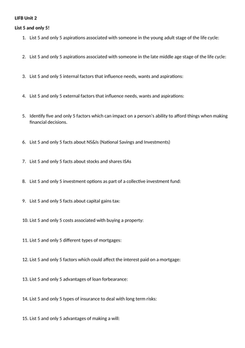 LIBF Unit 2 revision questions: List 5 and only 5! | Teaching Resources
