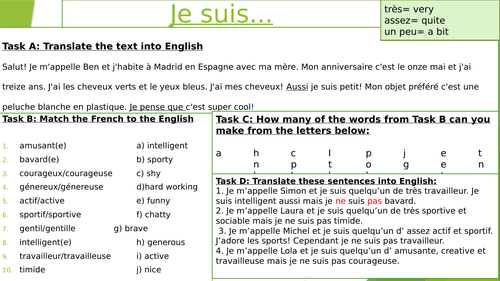 French personal description cover lesson | Teaching Resources