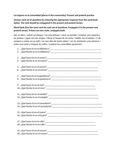 Los lugares en la comunidad (Present and preterit practice) | Teaching ...