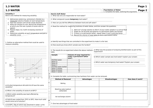 WJEC C1.3/C2.3 Chemistry Revision Sheet - Water | Teaching Resources