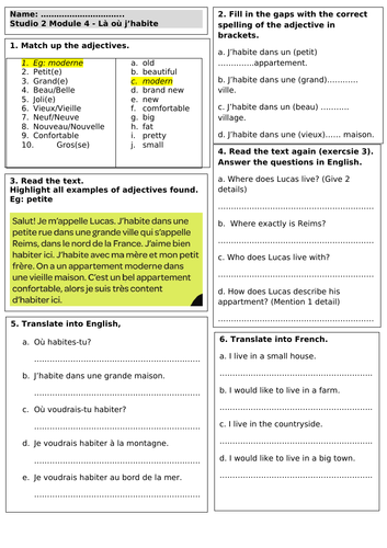 Studio 2 Module 4 - Là où j’habite (Revision worksheet) | Teaching ...