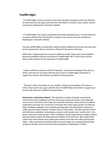 A BANK OF ESSAY QUESTIONS ON TWELFTH NIGHT - A LEVEL LITERATURE ...