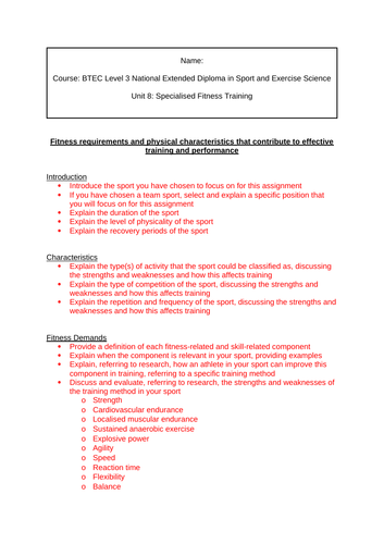 BTEC L3 Sport and Exercise Science - Unit 8 Specialised Fitness ...