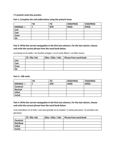 I-Y preterit verbs tiny practice | Teaching Resources