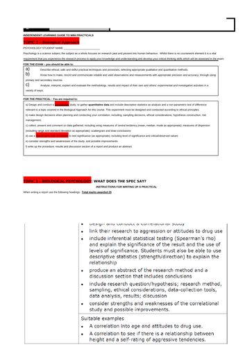 Edexcel GCE Biological Psychology PRACTICAL Booklet | Teaching Resources