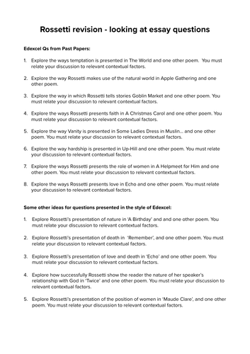 Rossetti revision pack - essay questions | Teaching Resources