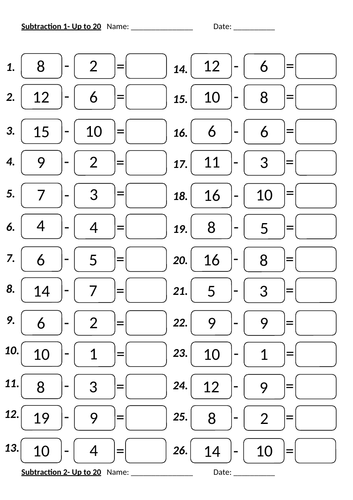 Subtraction Activities: Numbers up to 20 | Teaching Resources