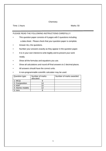 CHEMISTRY TEST MATTER AND CHANGES OF STATE | Teaching Resources
