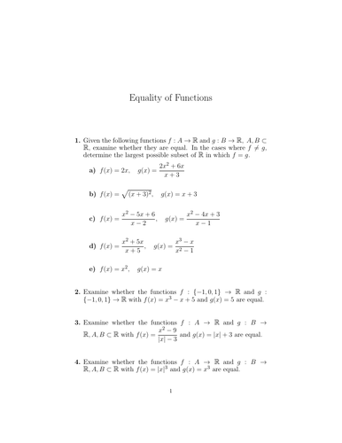 Equality of Functions Worksheet (with solutions) | Teaching Resources
