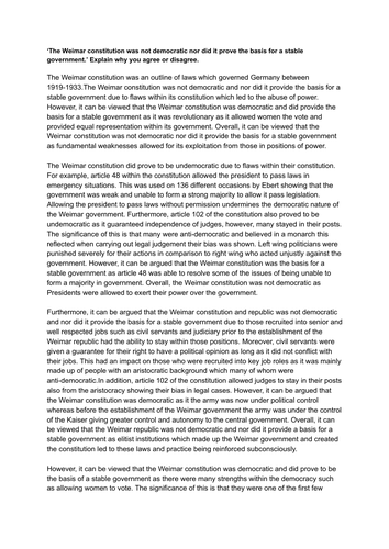 A Level History Germany Essay Weaknesses of the Weimar constitution ...