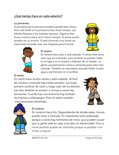 Spanish Weather and Seasons Reading: ¿Qué tiempo hace en cada estación ...