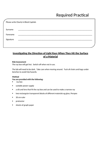 Physics - Reflection and Refraction Required Practical | Teaching Resources