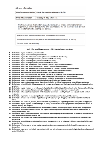 GCSE LLW UNIT 2 (Personal Health): Advance Info. 31 10-mark questions ...